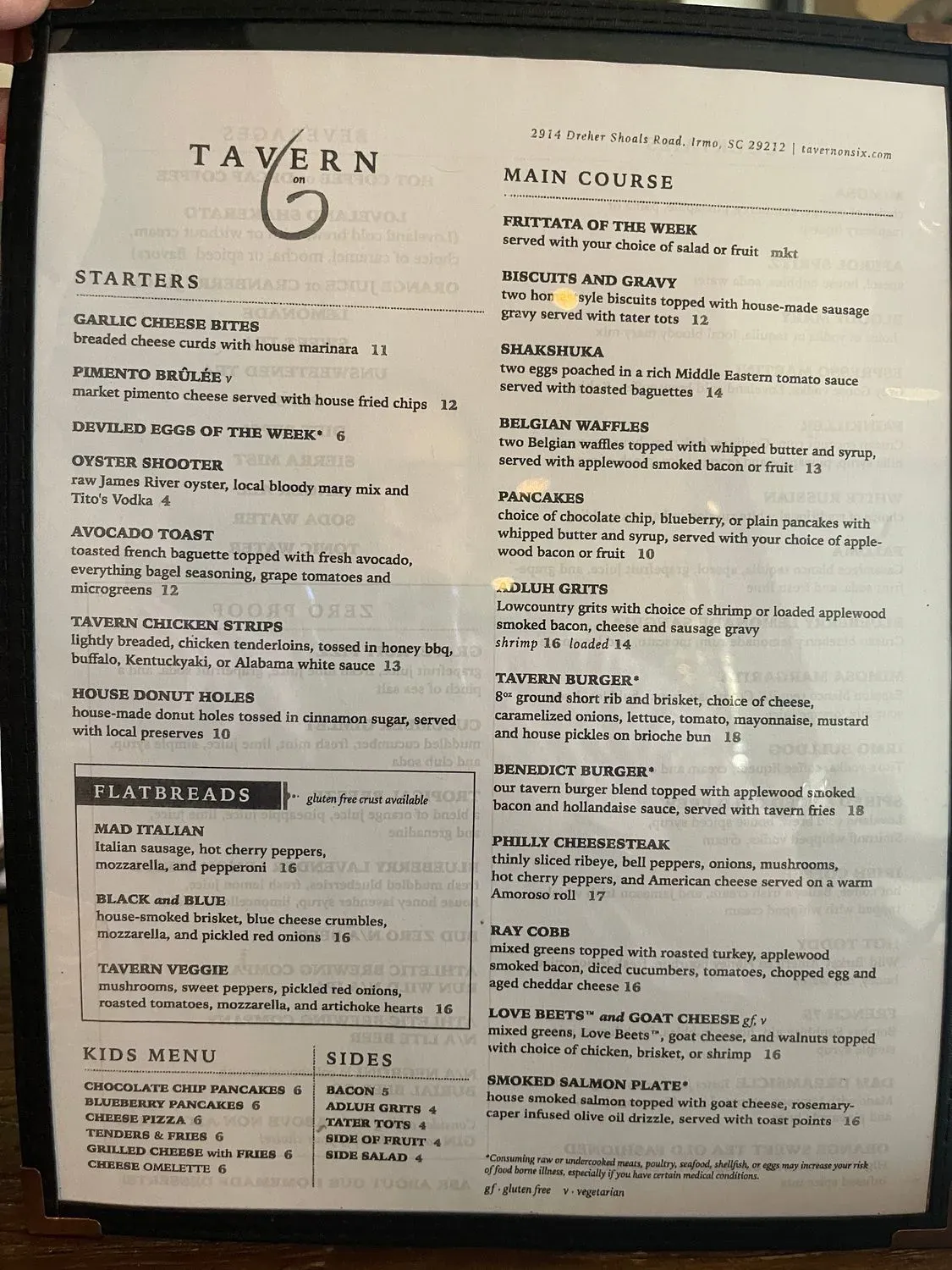 Tavern on 6 Menu - Updated October 2025