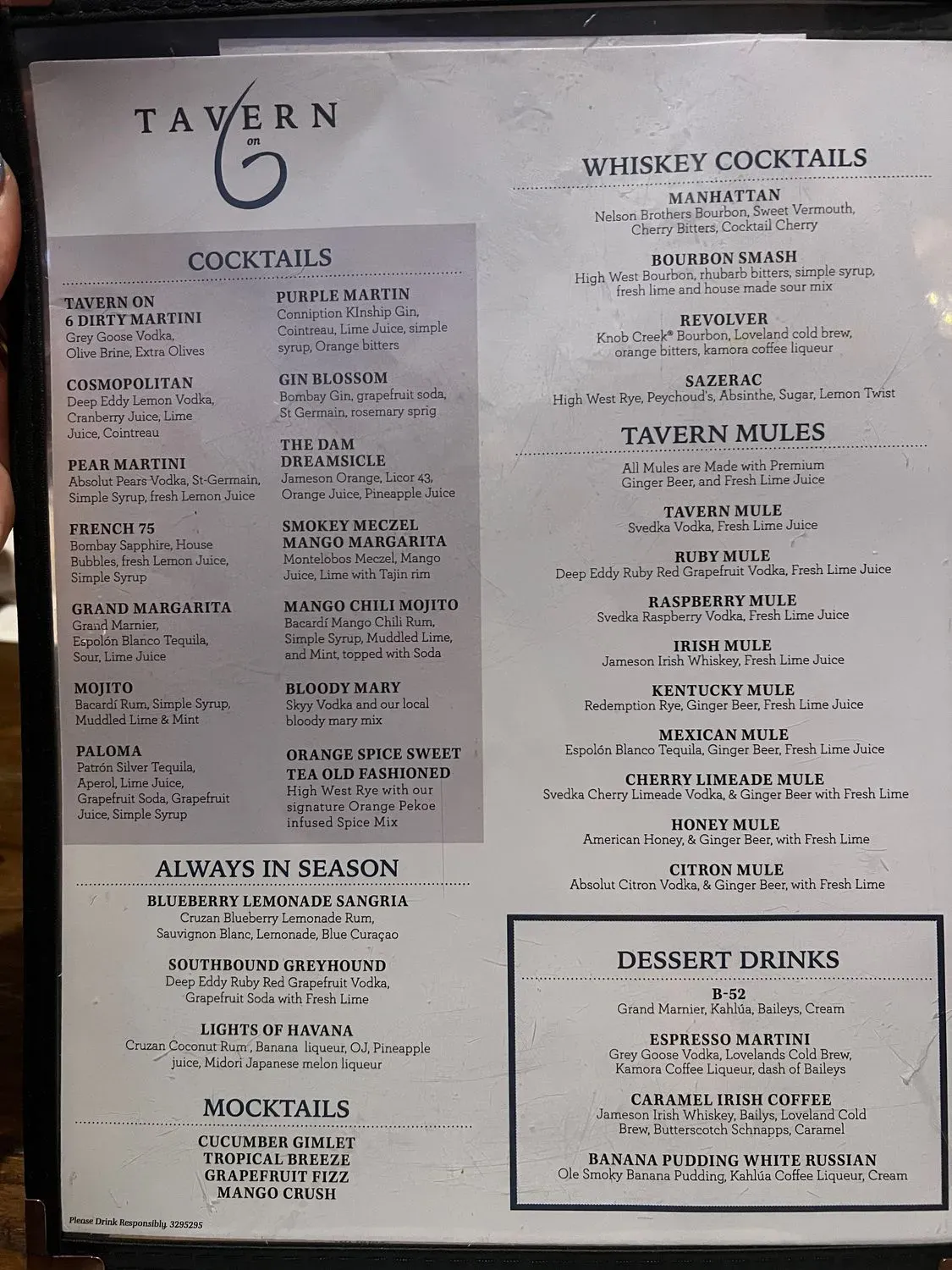 Tavern on 6 Menu - Updated October 2025