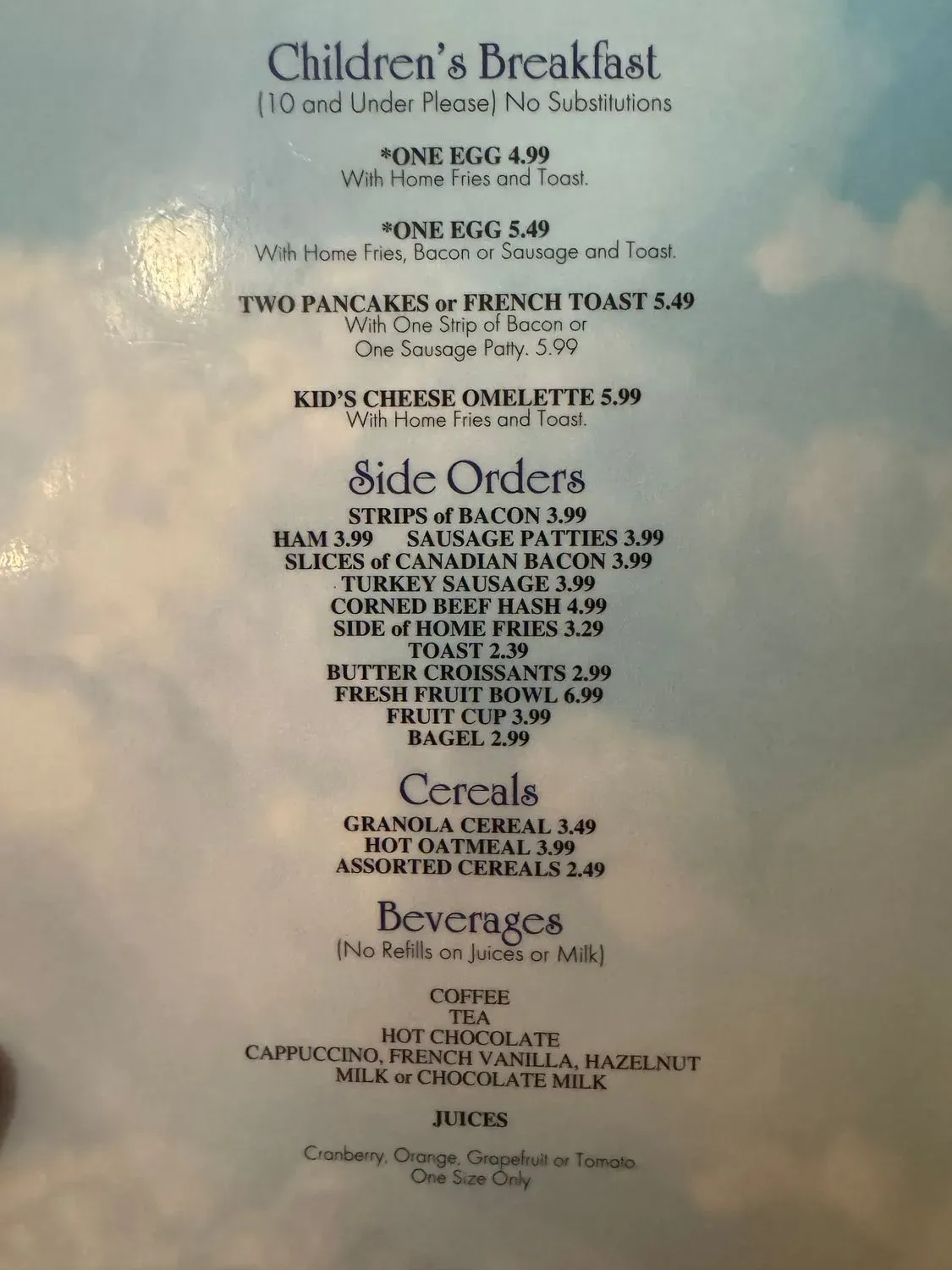 Blue Sky Restaurant Menu - Updated October 2025