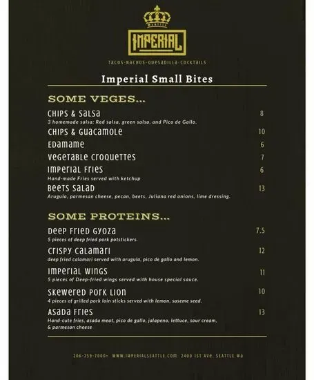 Imperial kitchen and bar Menu | Seattle, WA | Checkle