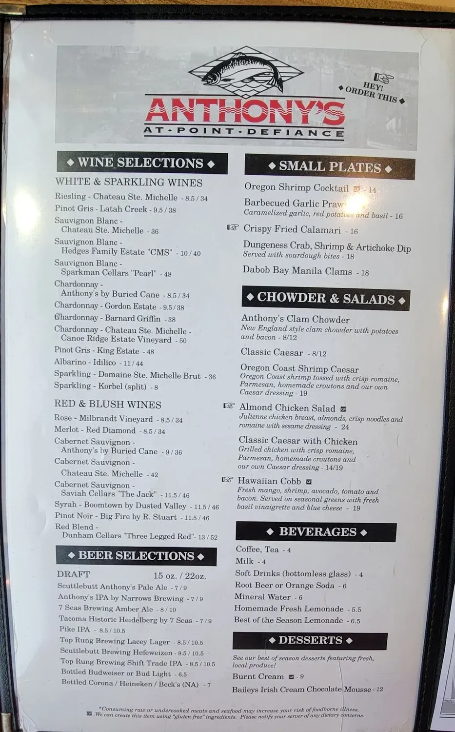 Anthony's At Point Defiance Menu - Updated October 2025