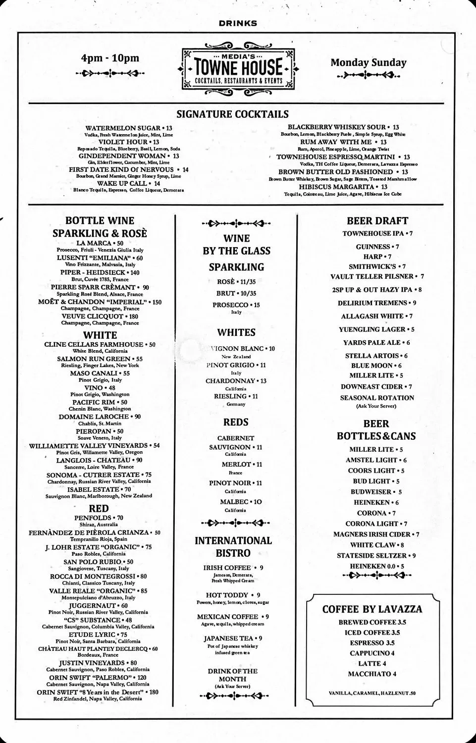 Towne House Menu - Updated October 2025