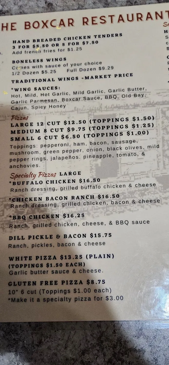 The Boxcar Restaurant LLC Menu - Updated October 2025