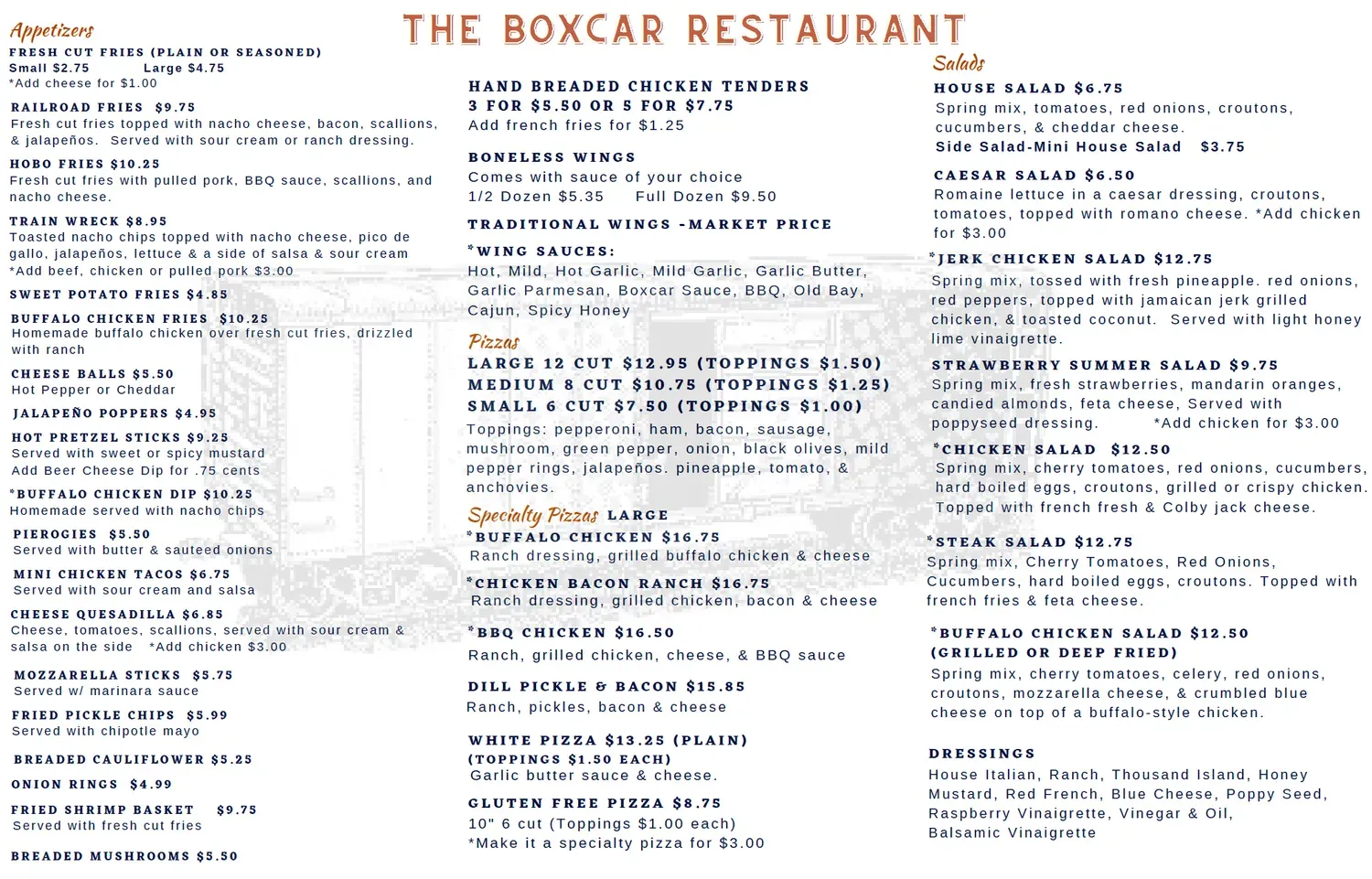 The Boxcar Restaurant LLC Menu - Updated October 2025