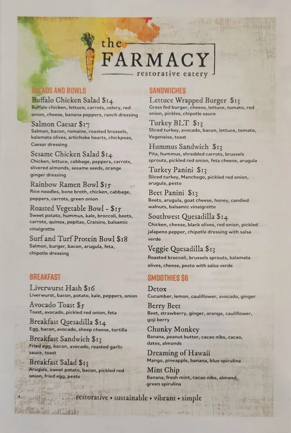 The Farmacy Menu - Updated October 2025