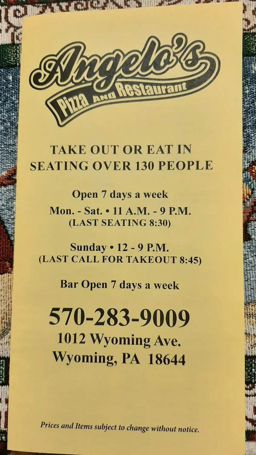 Angelo's Menu - Updated October 2025