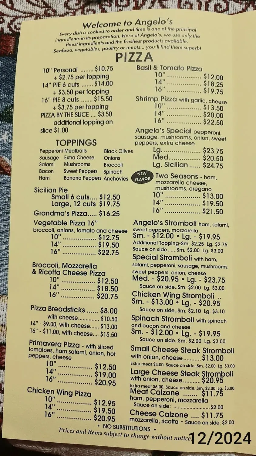 Angelo's Menu - Updated October 2025
