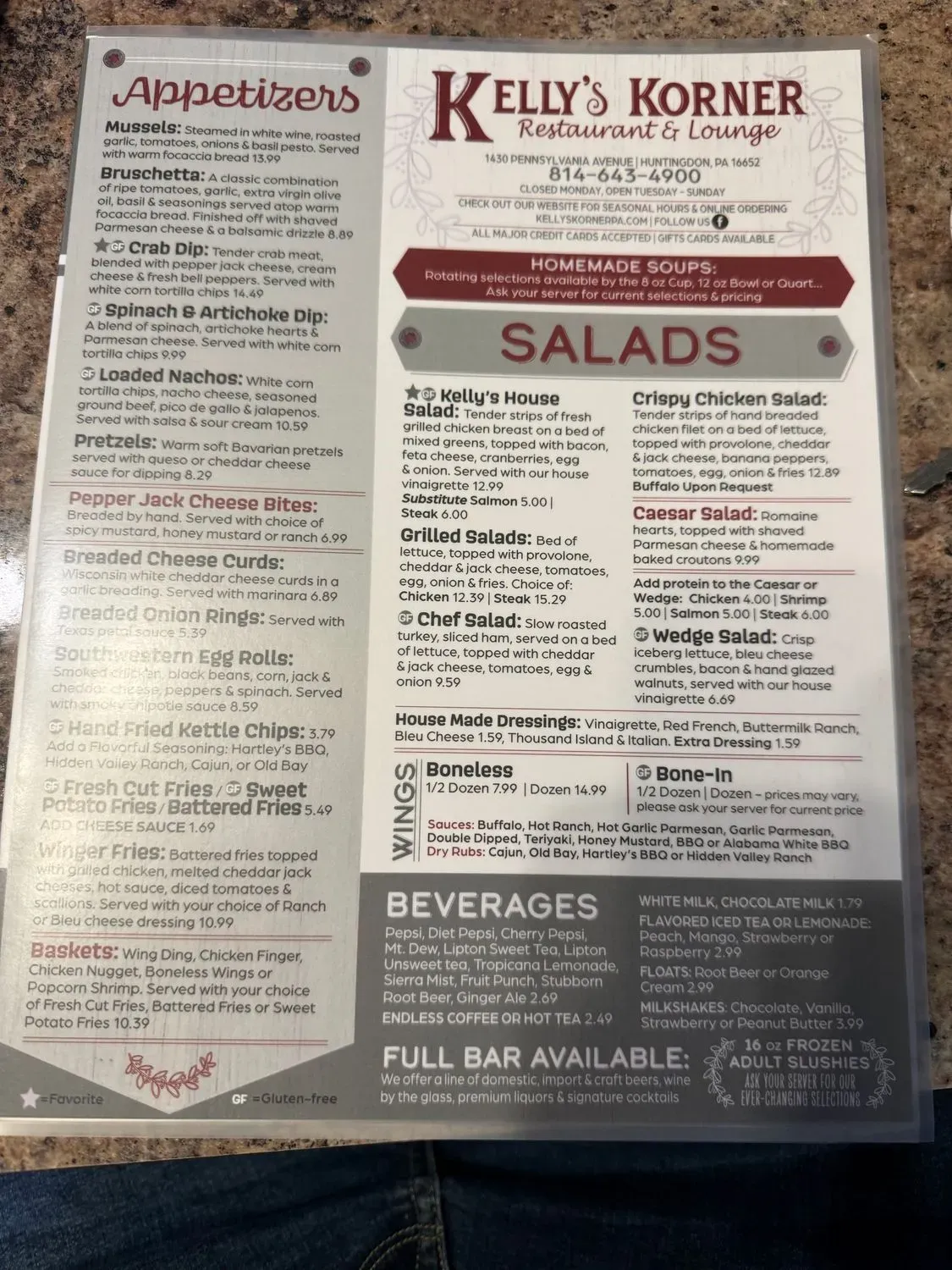 Kelly's Korner Menu - Updated October 2025