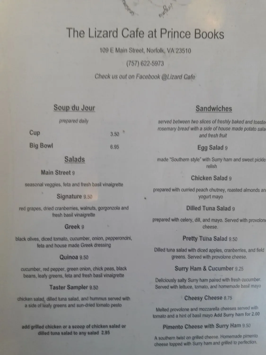 The Lizard Cafe Menu - Updated October 2025