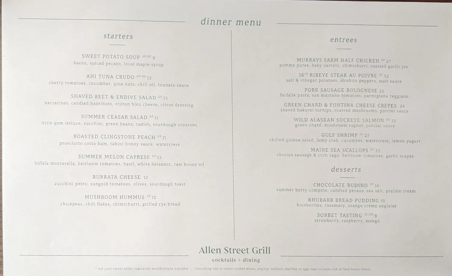 Allen Street Grill Menu - Updated October 2025