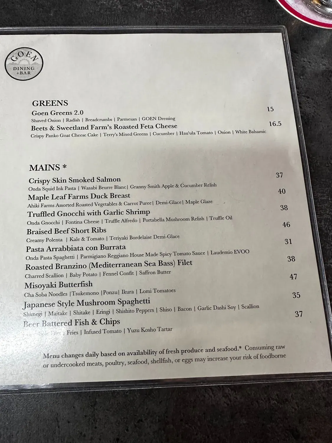 GOEN Dining + Bar Menu - Updated October 2025
