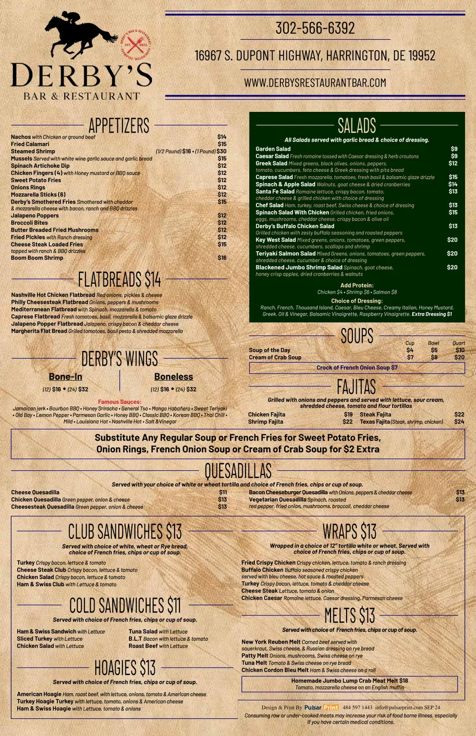 Derby's Bar & Restaurant Menu - Updated October 2025