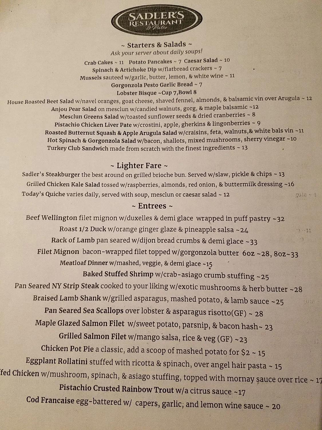 Sadler's Ordinary Menu - Updated October 2025