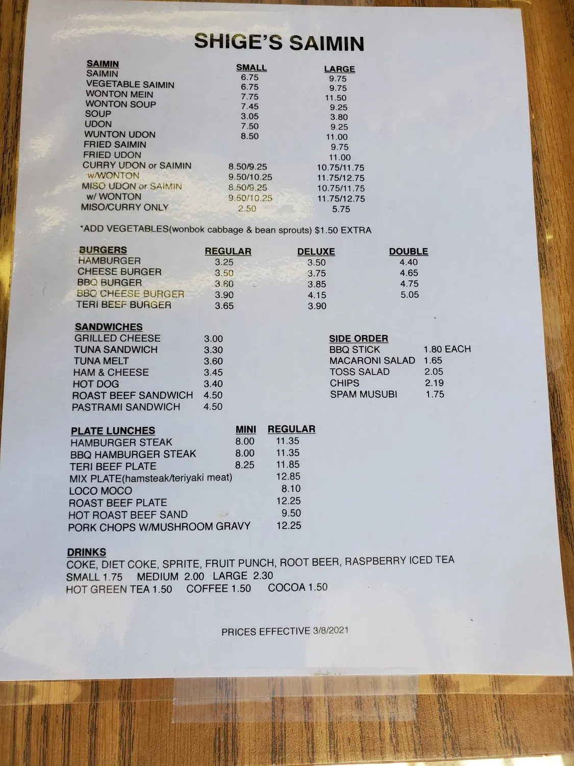 Shige's Saimin Stand Menu - Updated October 2025