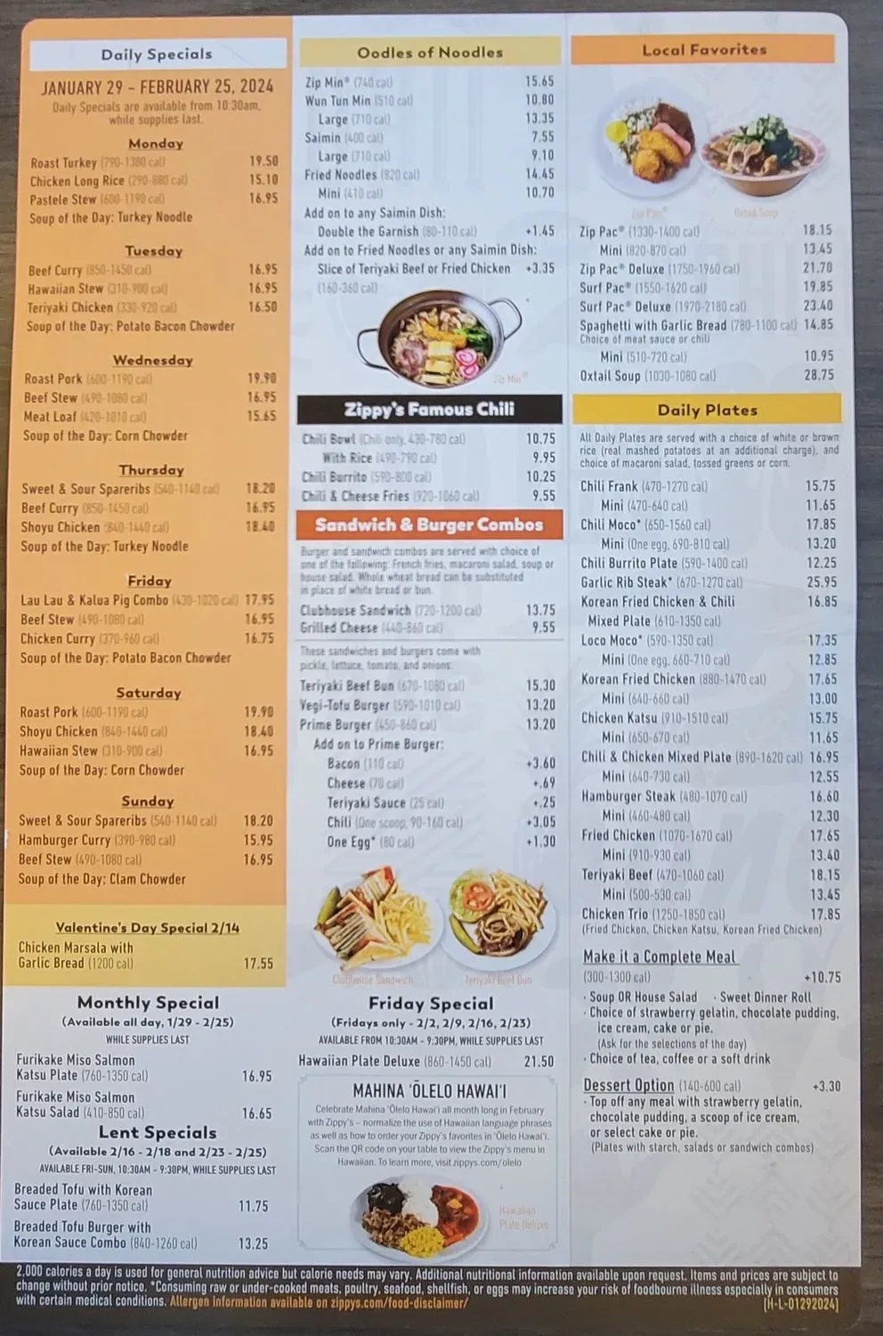 Zippy's Nimitz Menu - Updated October 2025