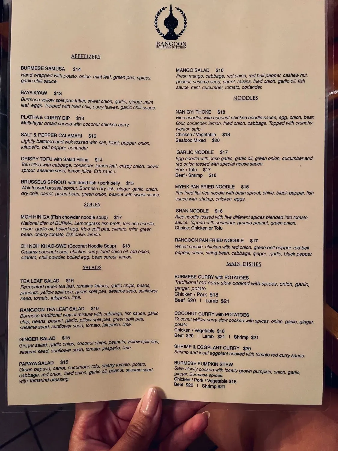 Rangoon Burmese kitchen Menu - Updated October 2025