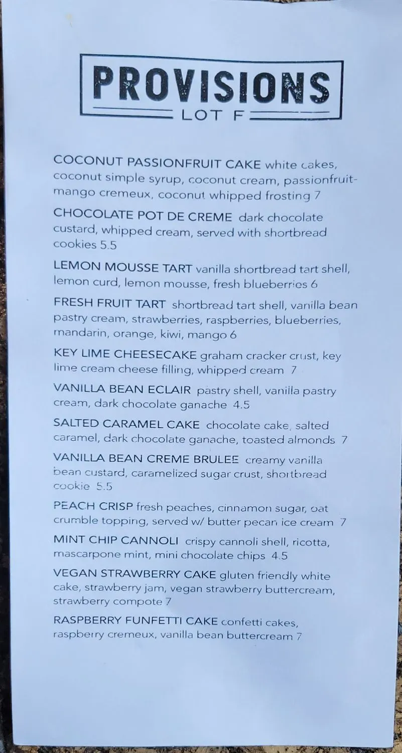 Provisions Lot F Menu - Updated October 2025