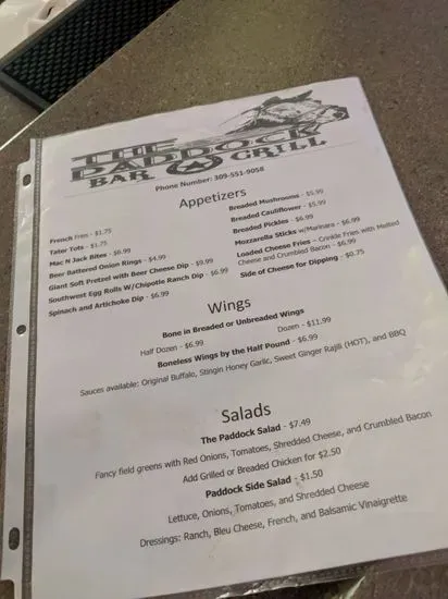 The Paddock Bar & Grill Menu | Matherville, IL | Checkle