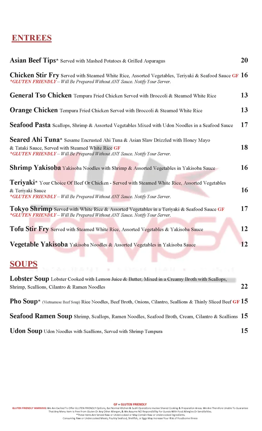 Formosa Menu - Updated October 2025