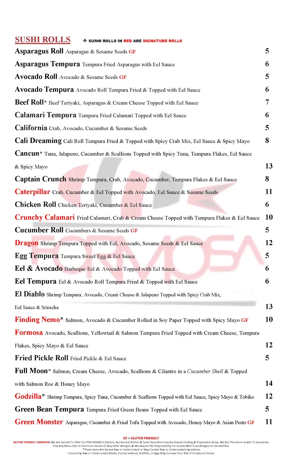 Formosa Menu - Updated October 2025