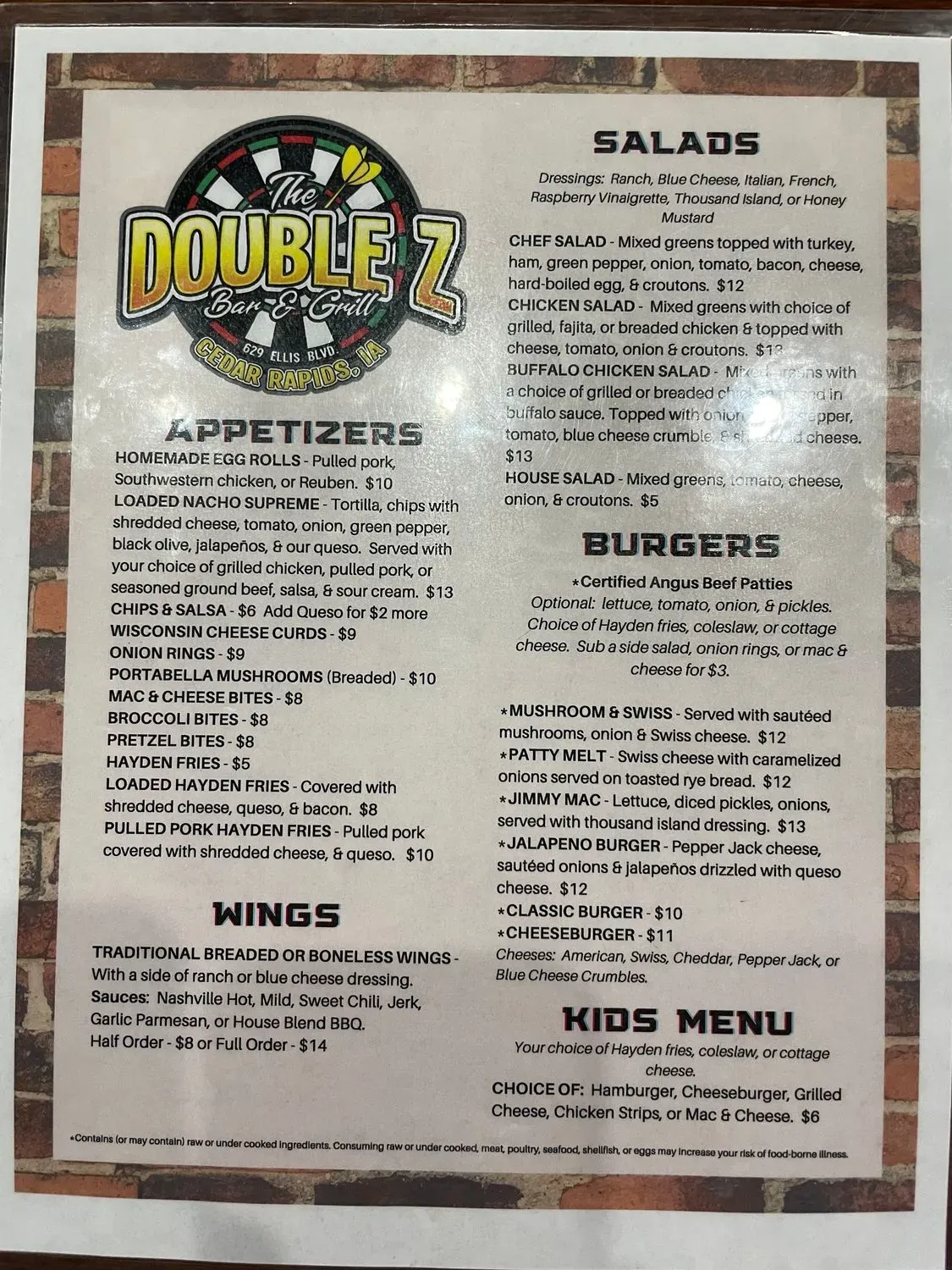 The Double Z Bar and Grill Menu - Updated October 2025