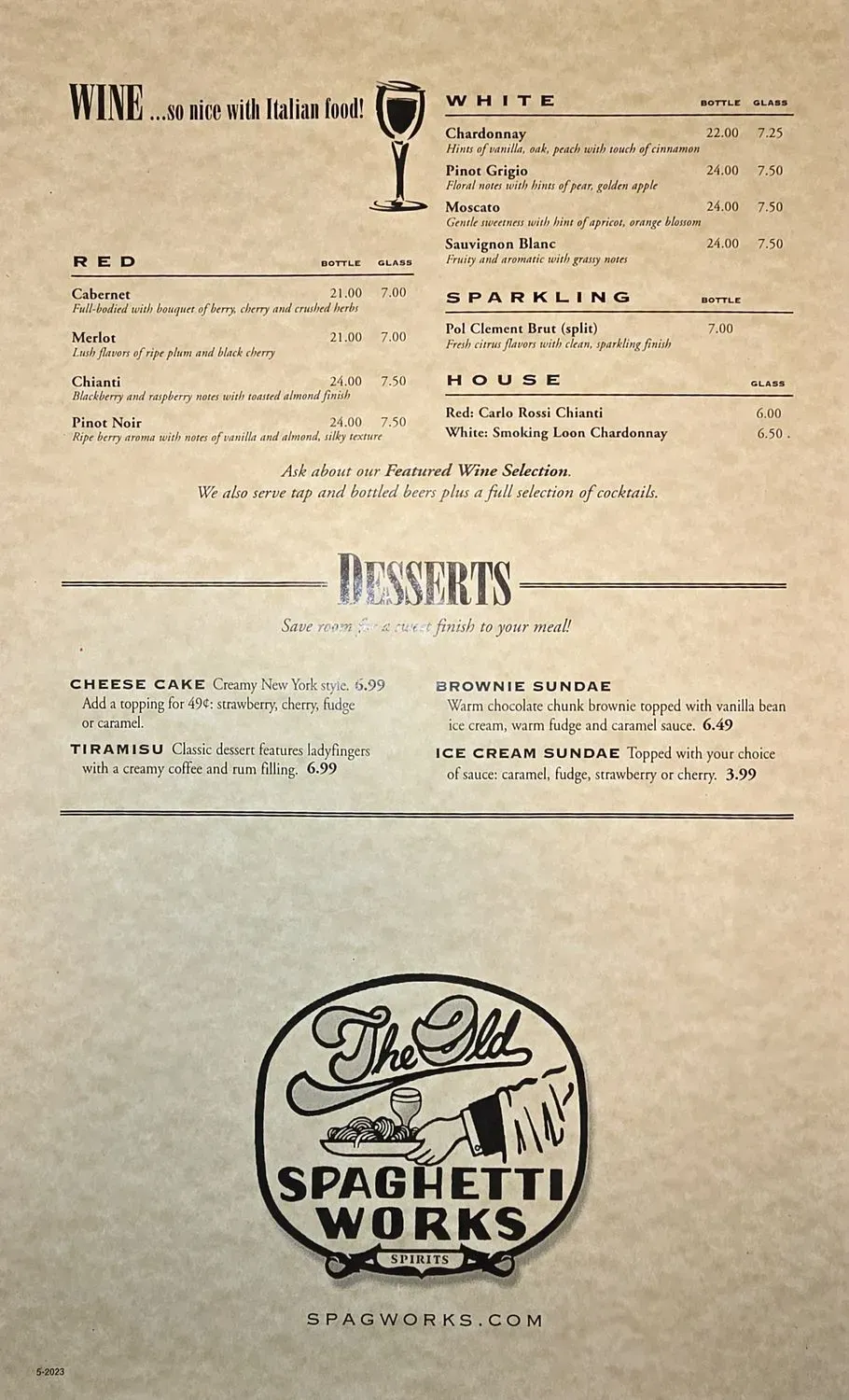 Spaghetti Works Menu - Updated October 2025