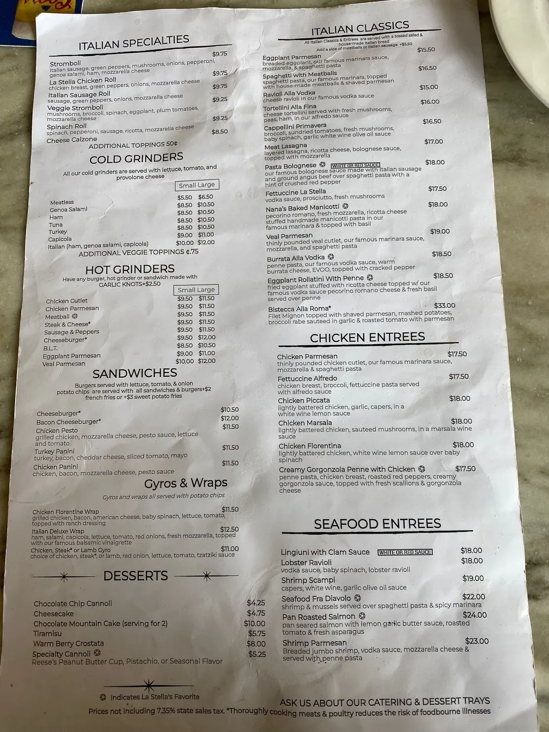 La Stella Menu - Updated October 2025