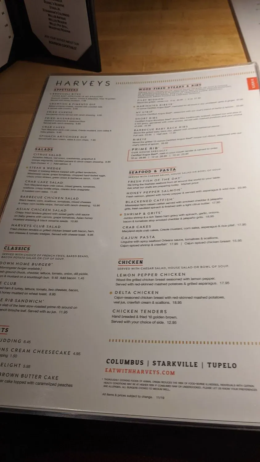Harveys Menu - Updated October 2025