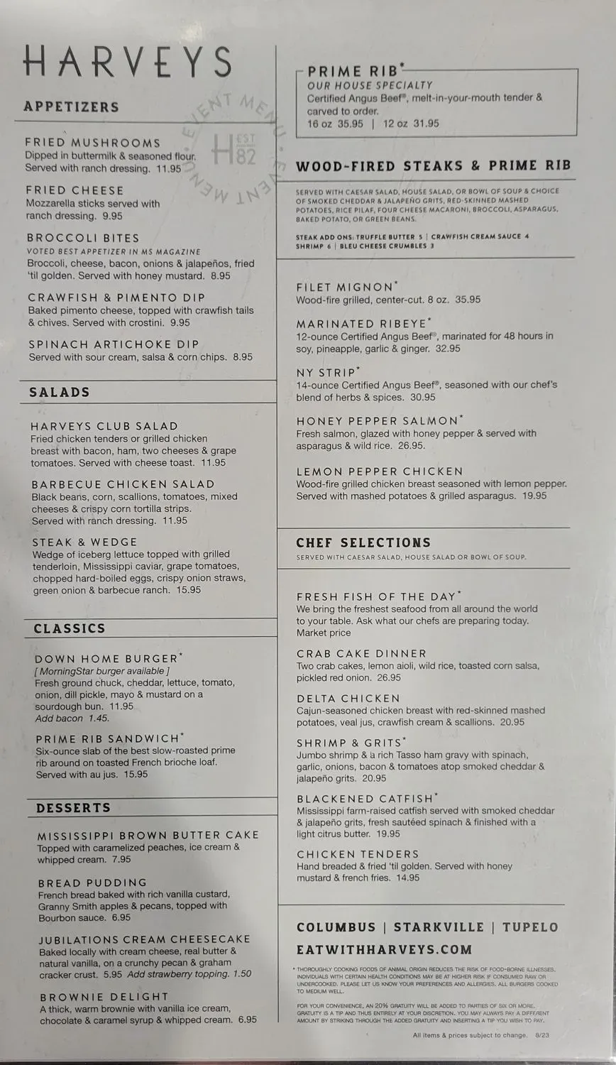 Harveys Menu - Updated October 2025
