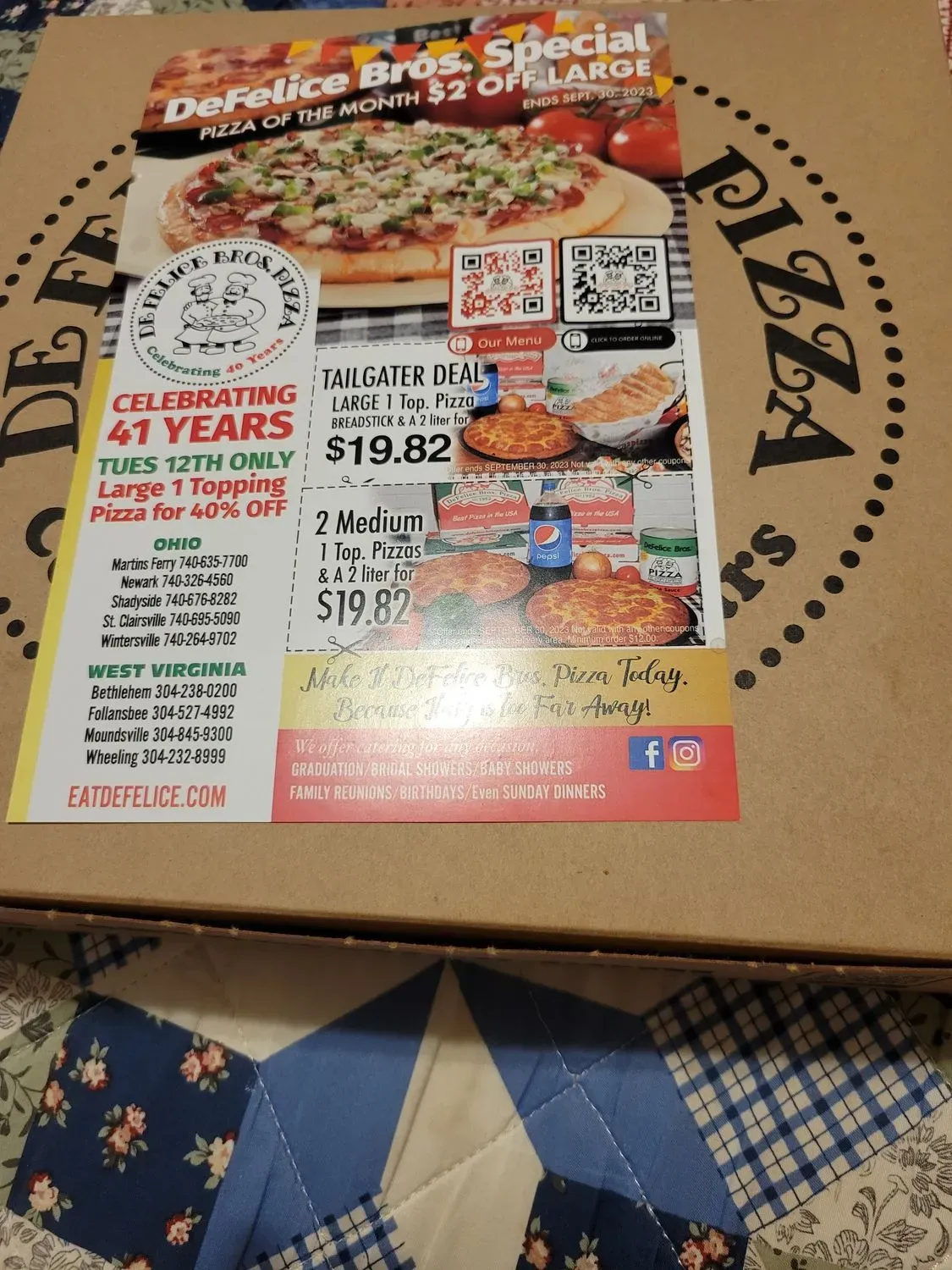 DeFelice Bros Pizza - Moundsville Menu - Updated October 2025