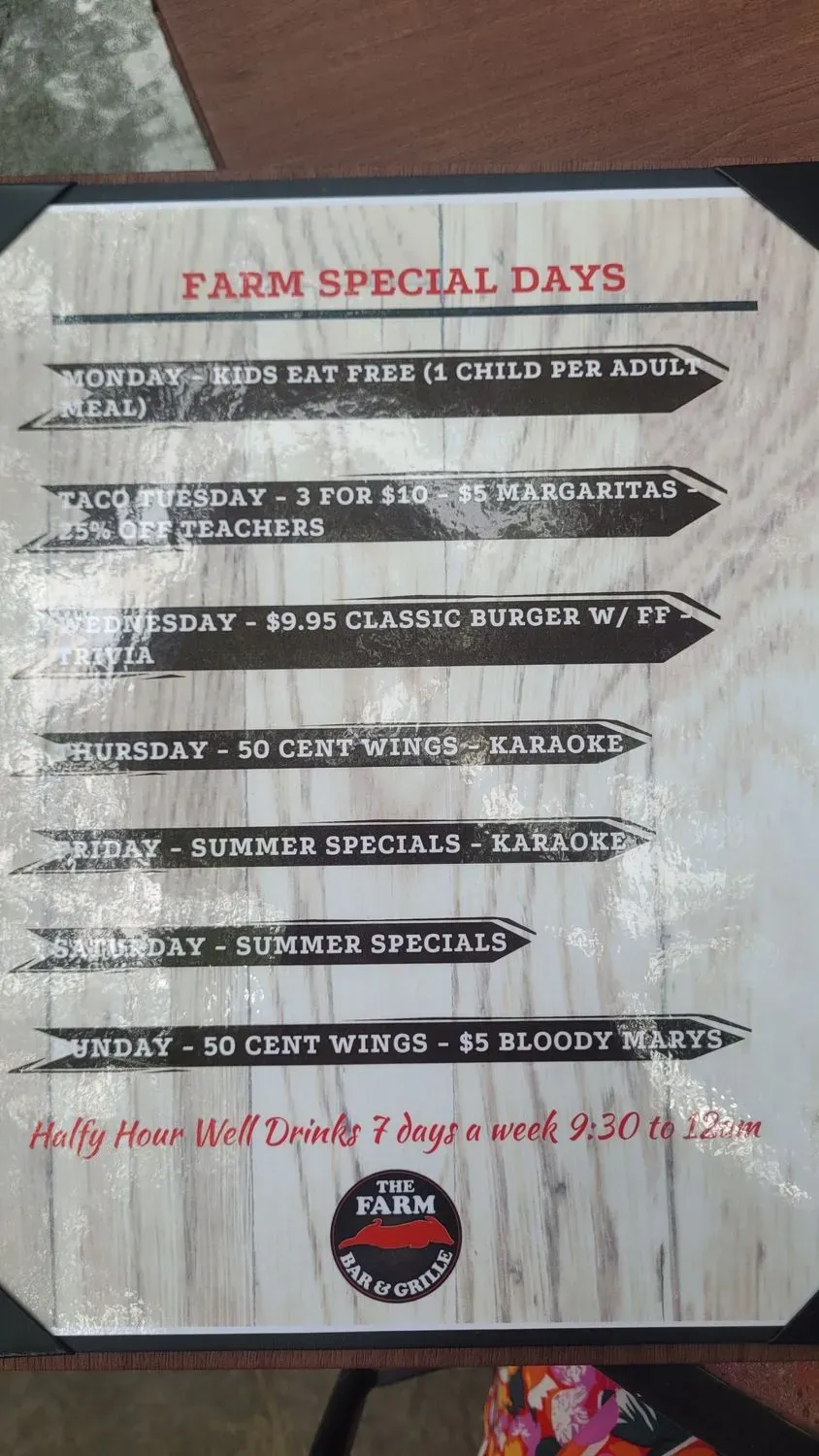 The Farm Bar and Grille Menu - Updated October 2025