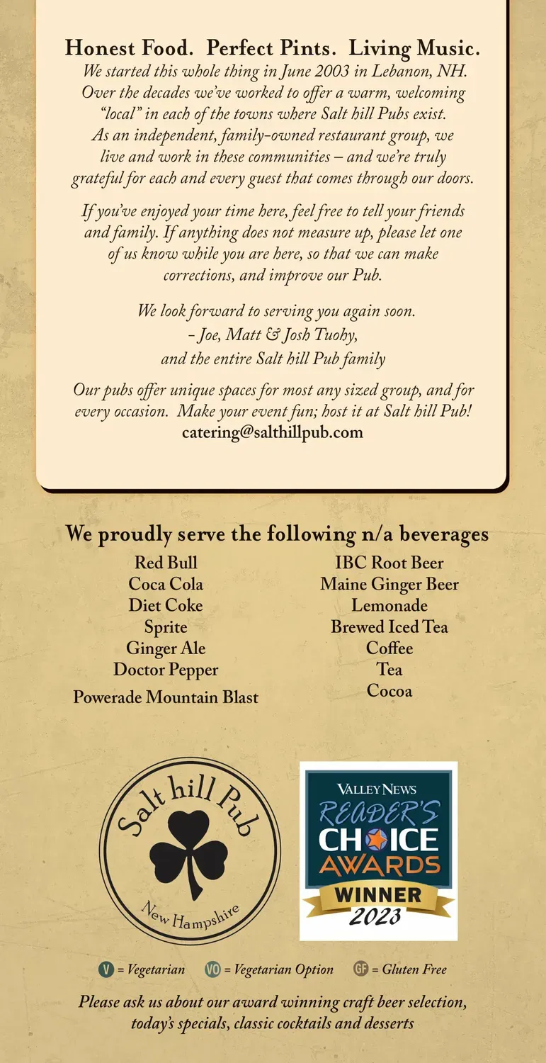 Salt Hill Pub - Lebanon Menu - Updated October 2025