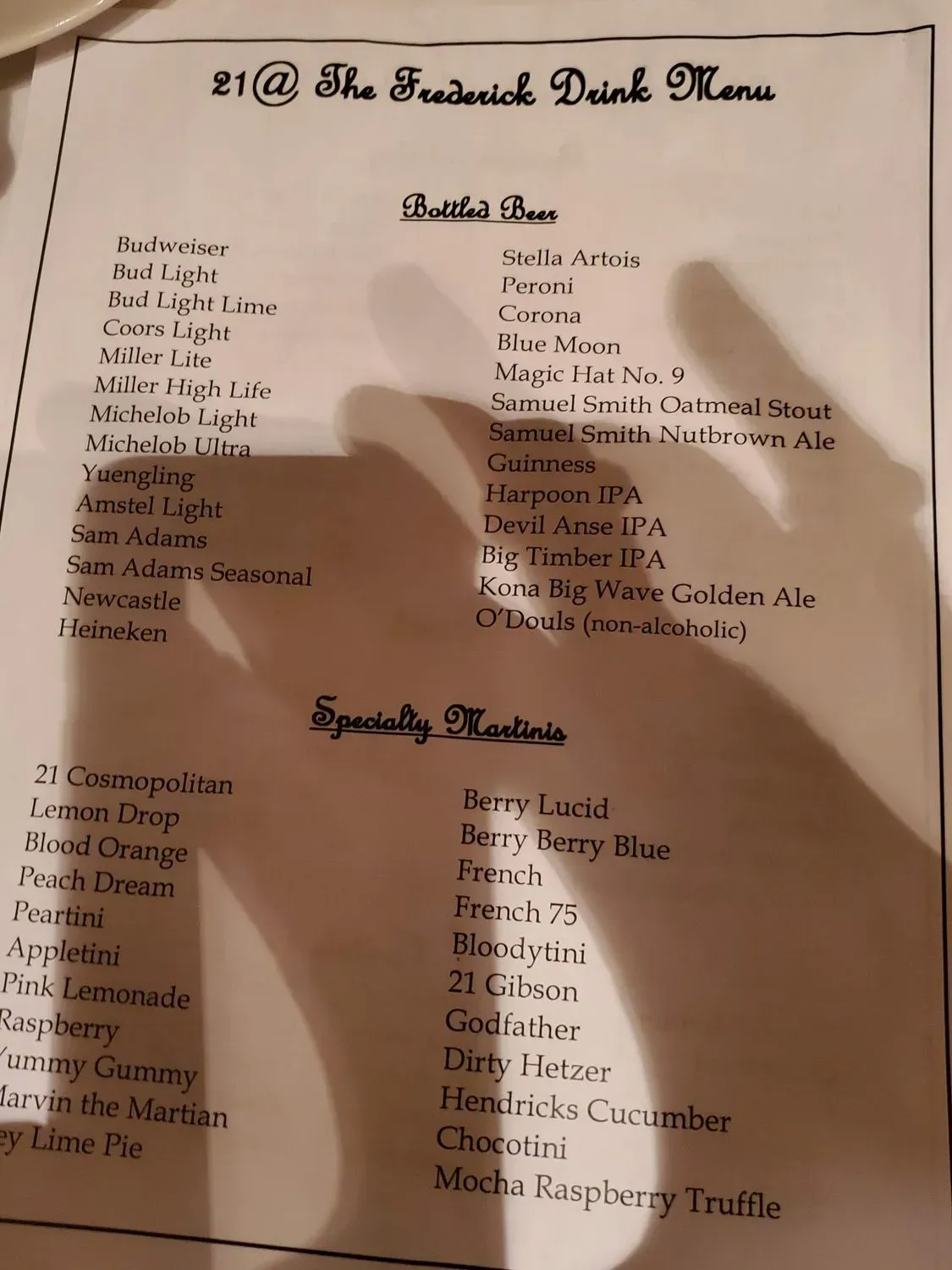 21 at the Frederick Menu - Updated October 2025