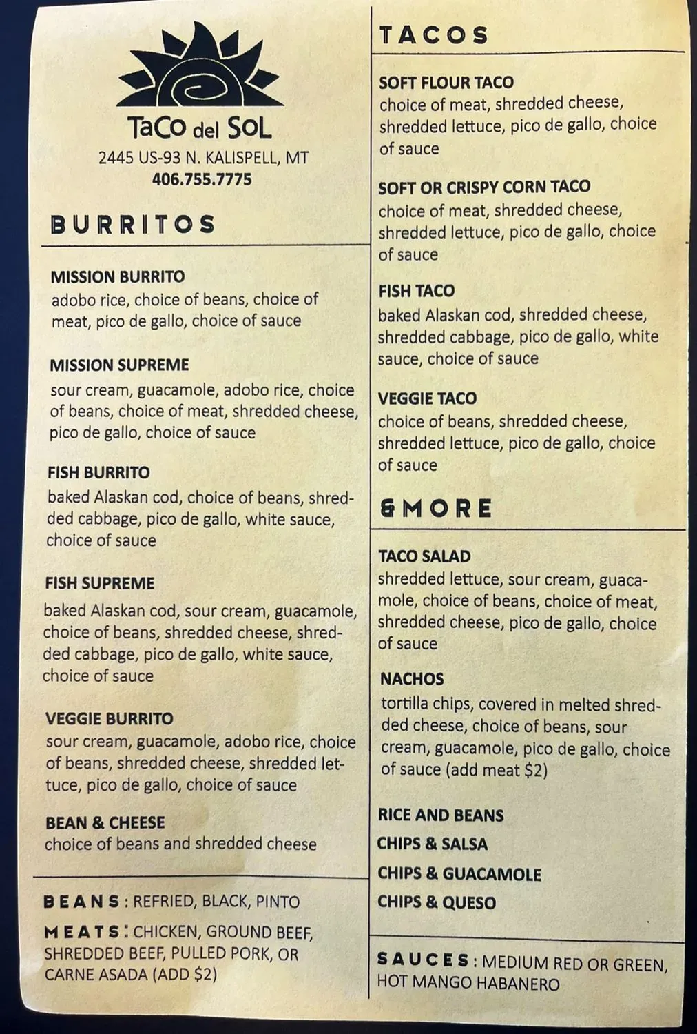 Taco Del Sol Menu - Updated October 2025