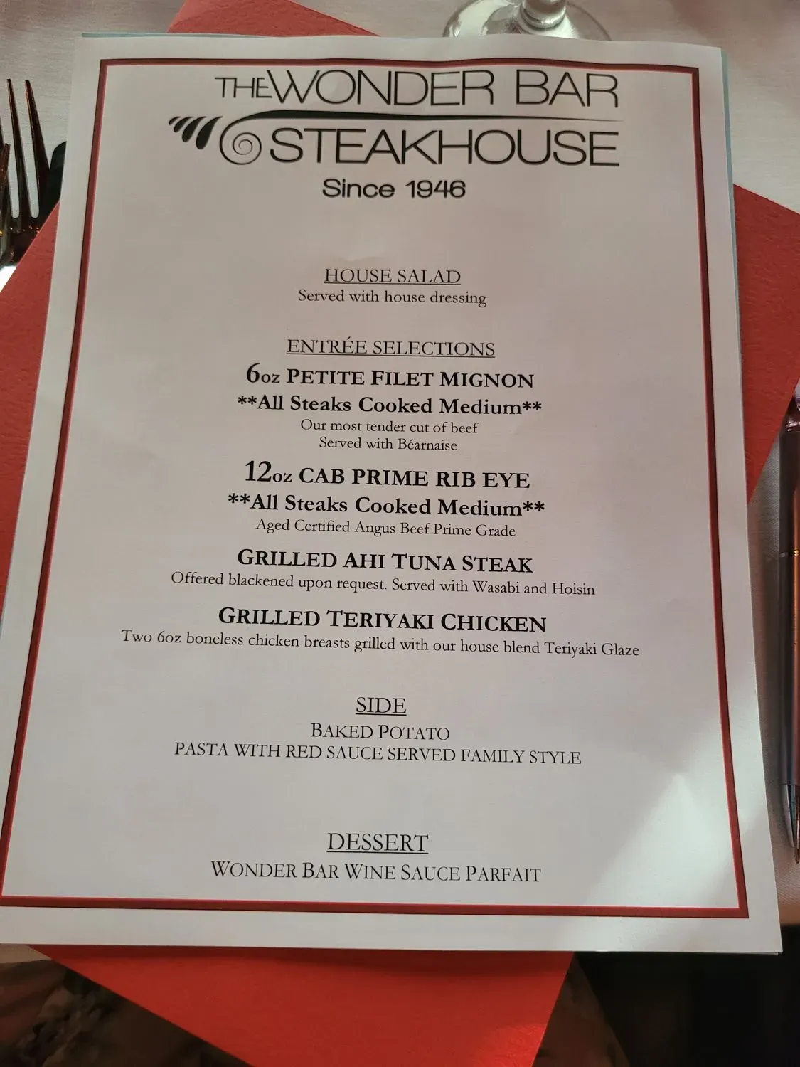 THE WONDER BAR STEAKHOUSE Menu - Updated October 2025