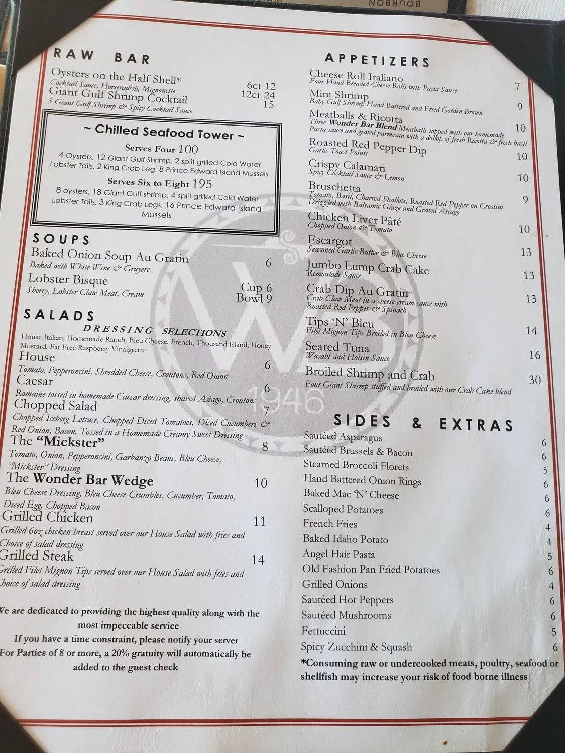 THE WONDER BAR STEAKHOUSE Menu - Updated October 2025