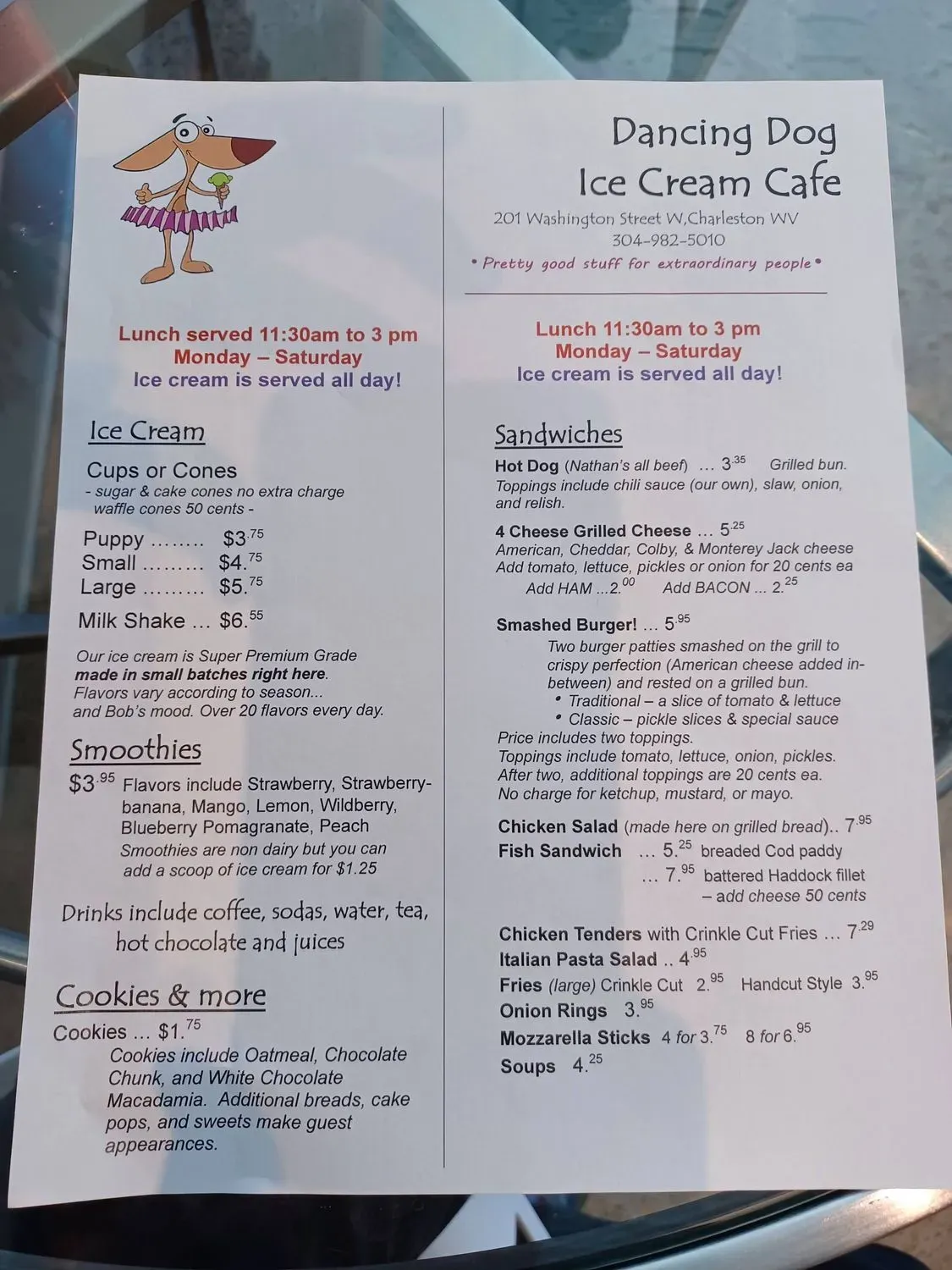 Dancing Dog Ice Cream Menu - Updated October 2025
