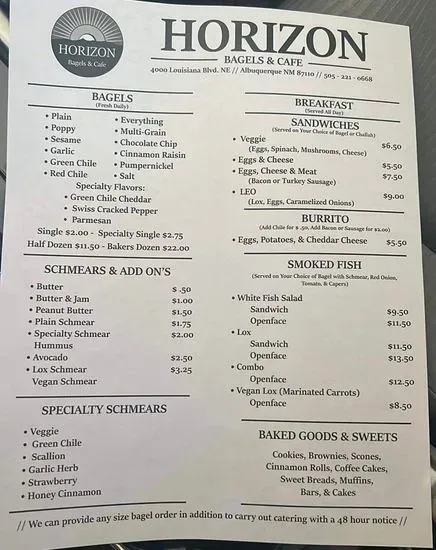 Horizon Bagels & Cafe Menu | Albuquerque, NM | Checkle