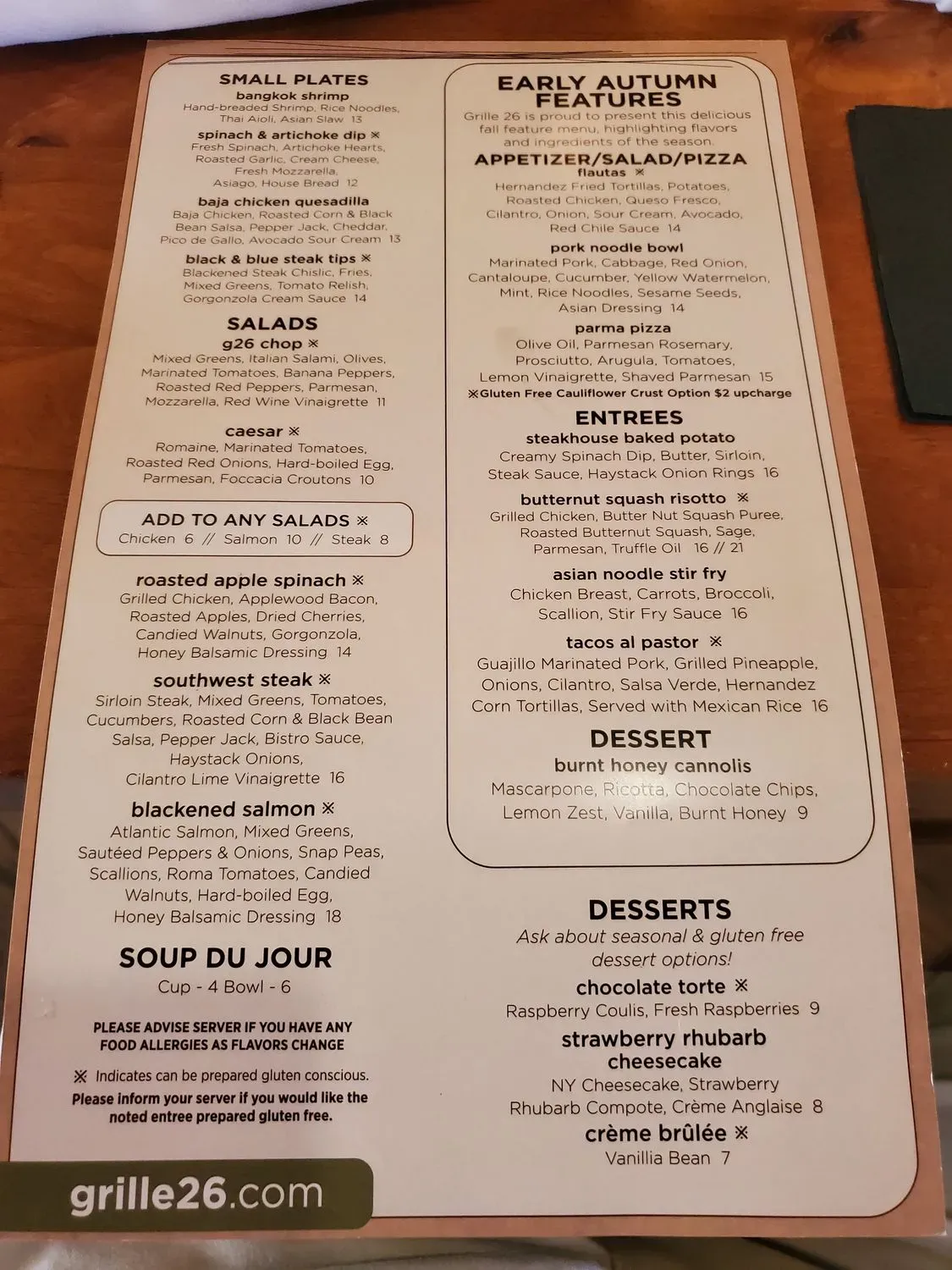 Grille 26 Menu - Updated October 2025