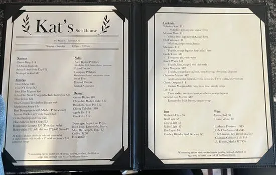 Kat's Steakhouse Menu | Lamont, OK | Checkle