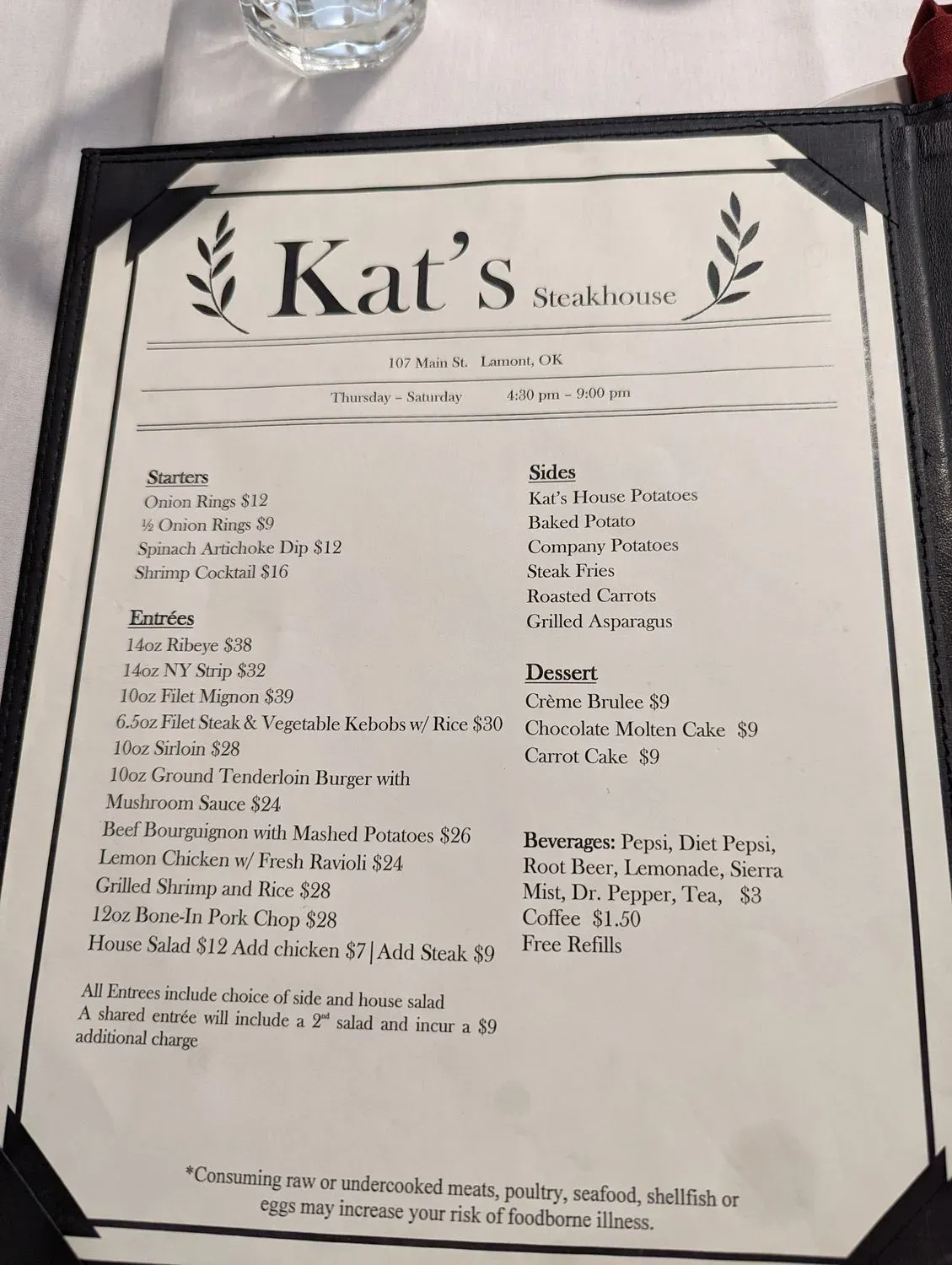Kat's Steakhouse Menu - Updated August 2025