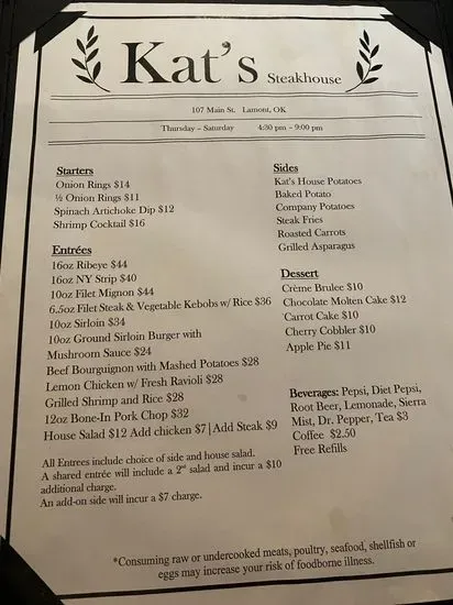 Kat's Steakhouse Menu | Lamont, OK | Checkle