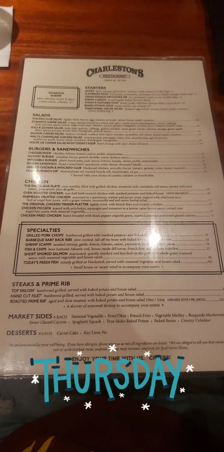 Charleston's Restaurant Menu - Updated October 2025