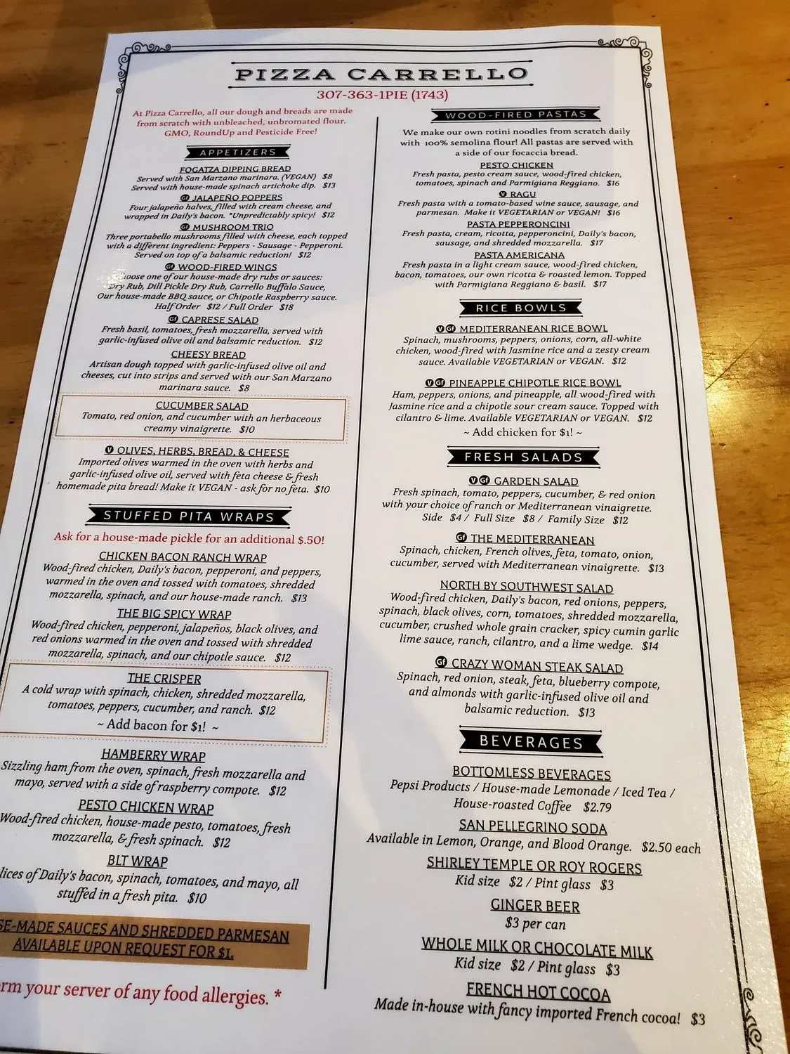 Pizza Carrello Menu - Updated October 2025