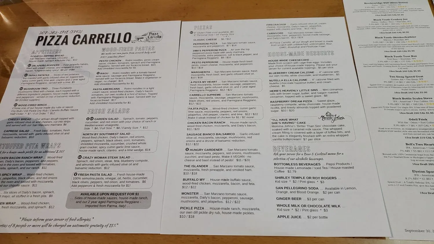 Pizza Carrello Menu - Updated October 2025