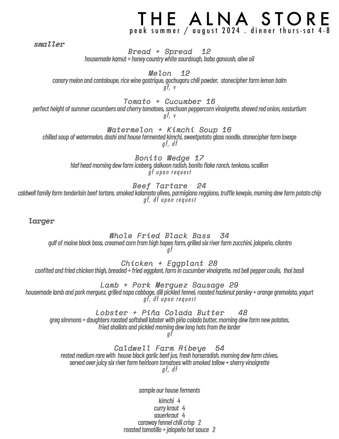 The Alna Store Menu - Updated October 2025