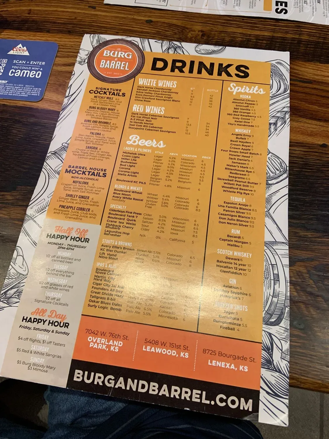 Burg & Barrel - Lenexa Menu - Updated October 2025