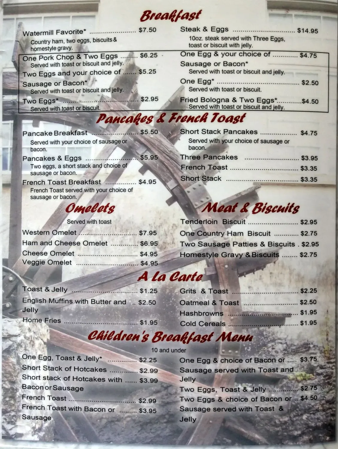 Watermill Restaurant Menu - Updated October 2025