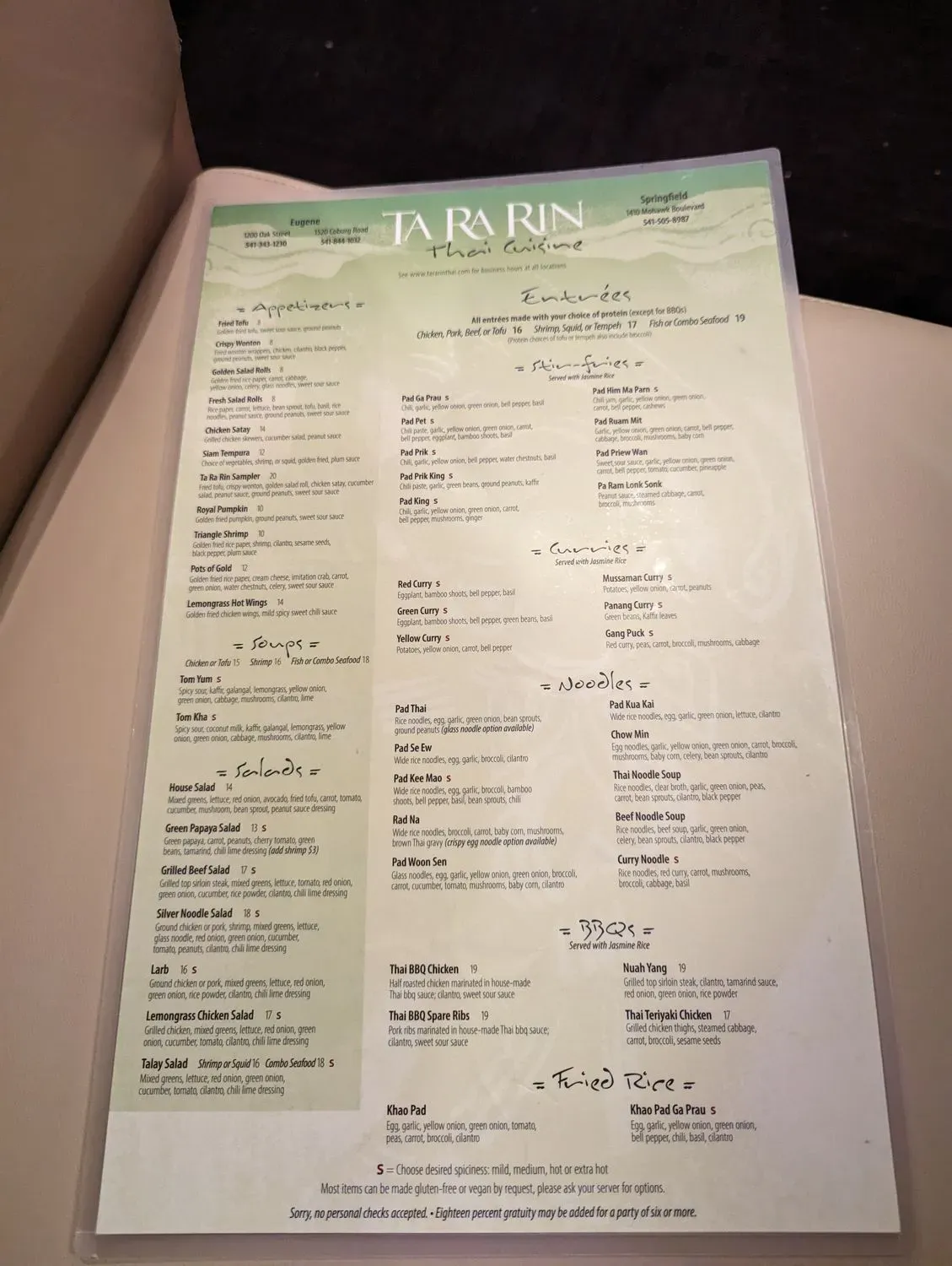 Ta Ra Rin Thai Cuisine (Eugene) Menu - Updated October 2025