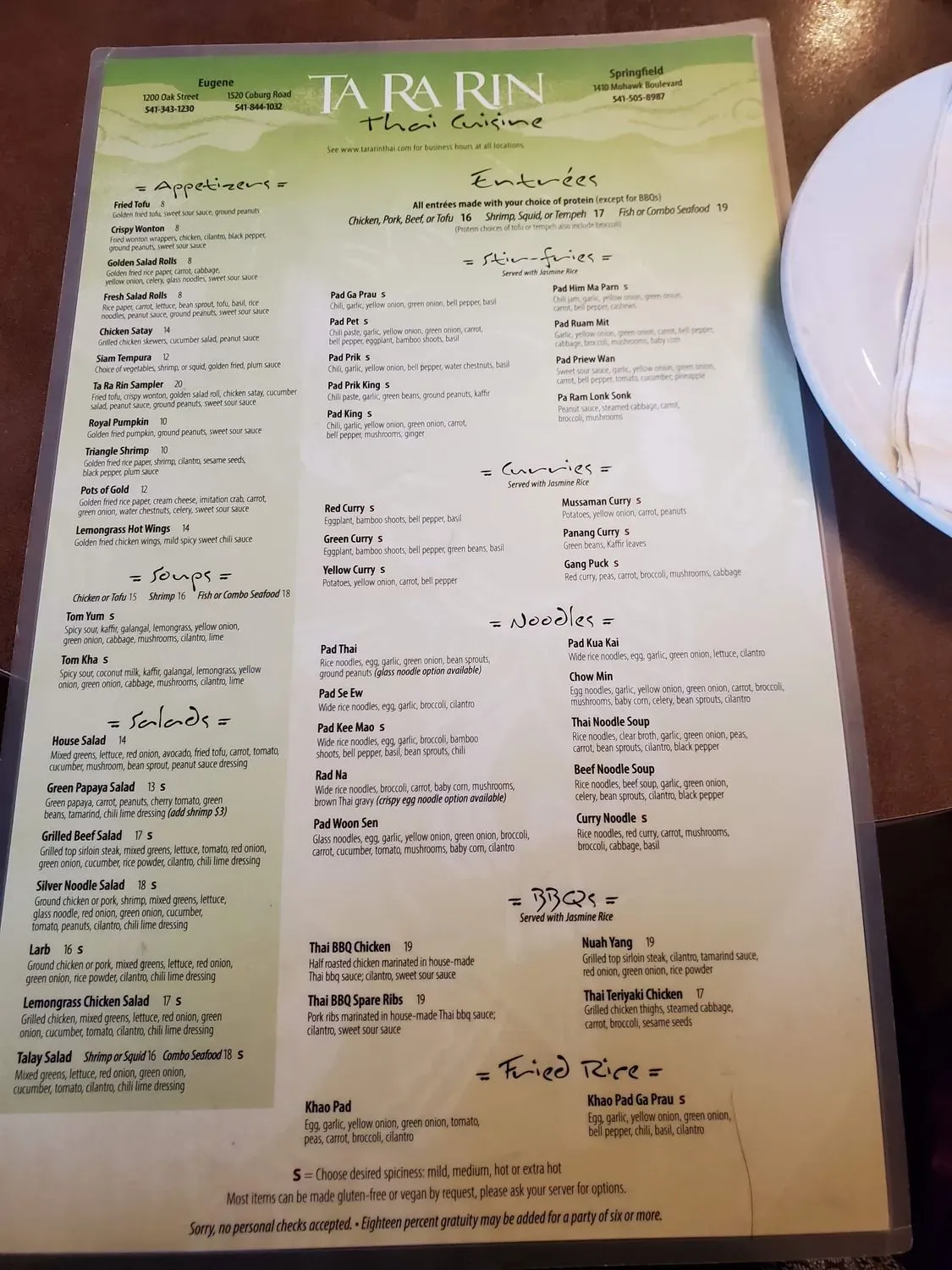 Ta Ra Rin Thai Cuisine (Eugene) Menu - Updated October 2025